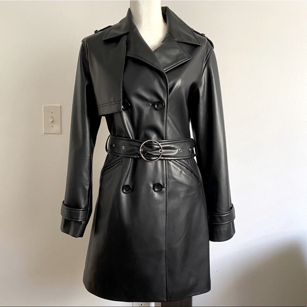 Black Pleather Double Breasted Trench Coat Nwt - Gem